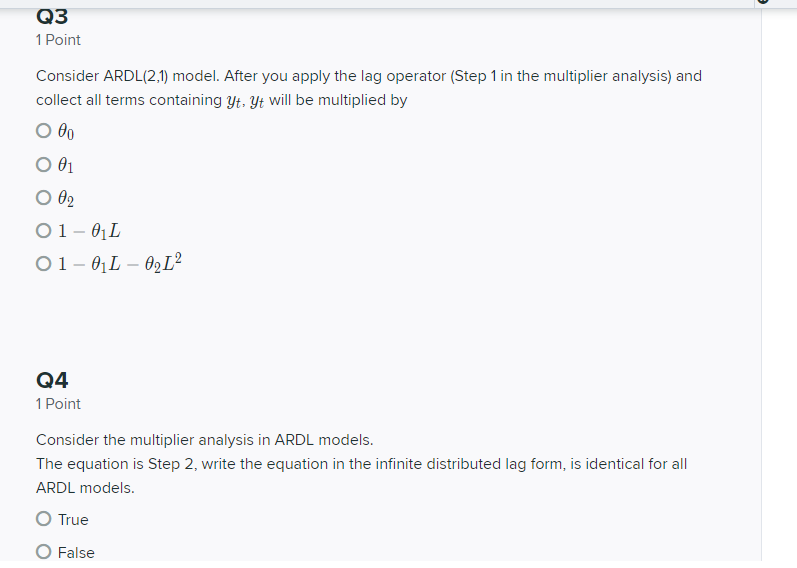 Solved Q3 1 Point Consider ARDL(2,1) model. After you apply | Chegg.com