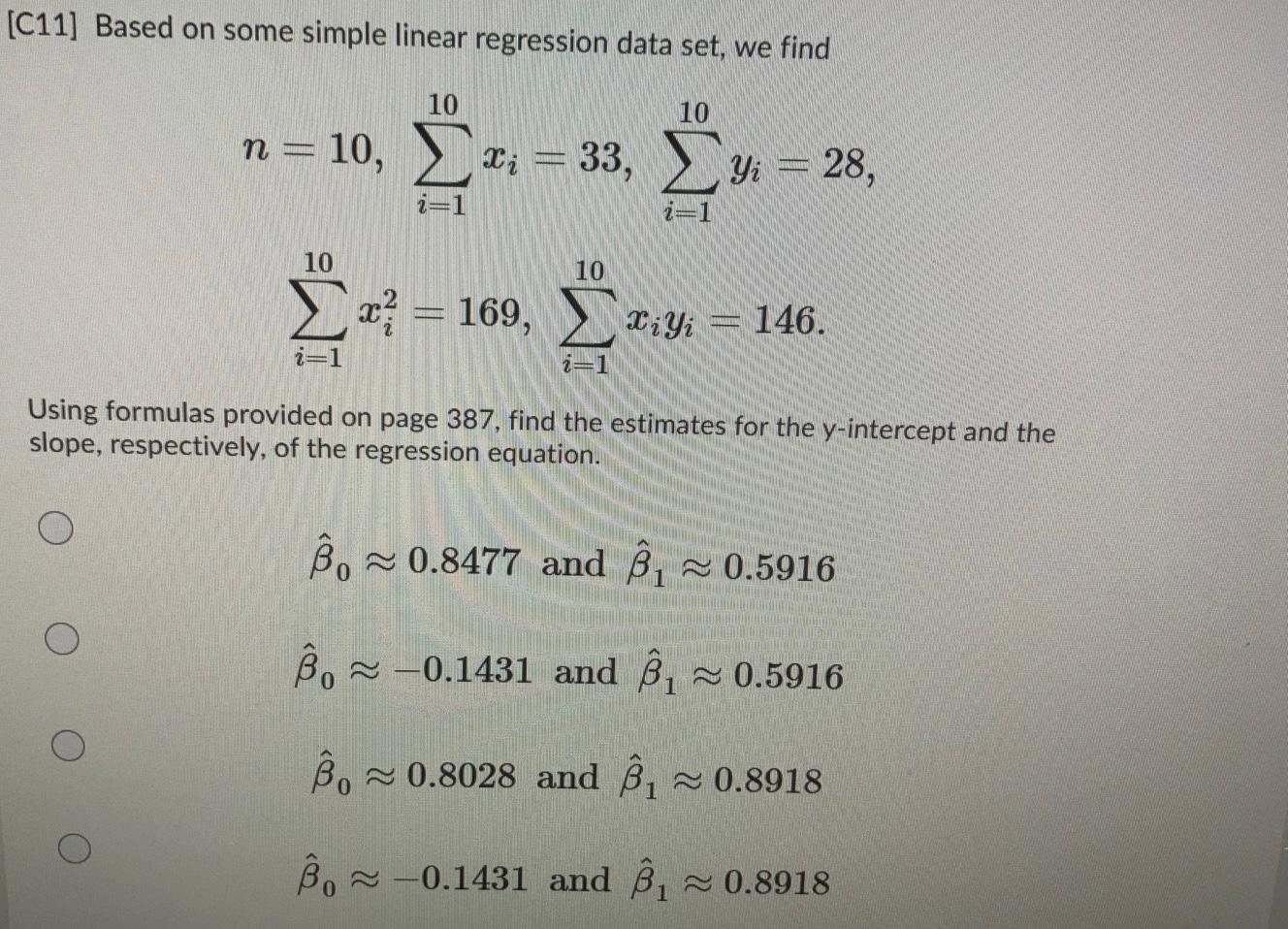 Solved [C11] Based on some simple linear regression data | Chegg.com