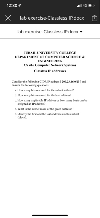 Solved 12:30 l 4G X lab exercise-Classless IP.docx T lab | Chegg.com