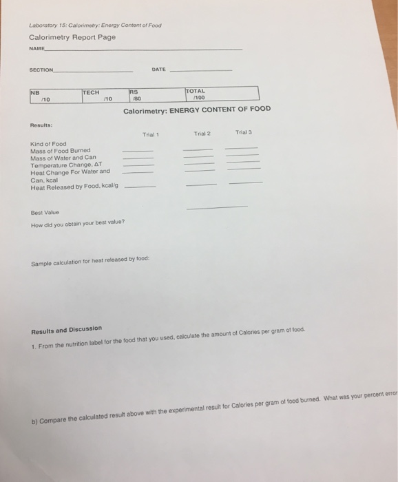 Laboratory 15 Calorimetry: Energy Content of Food | Chegg.com