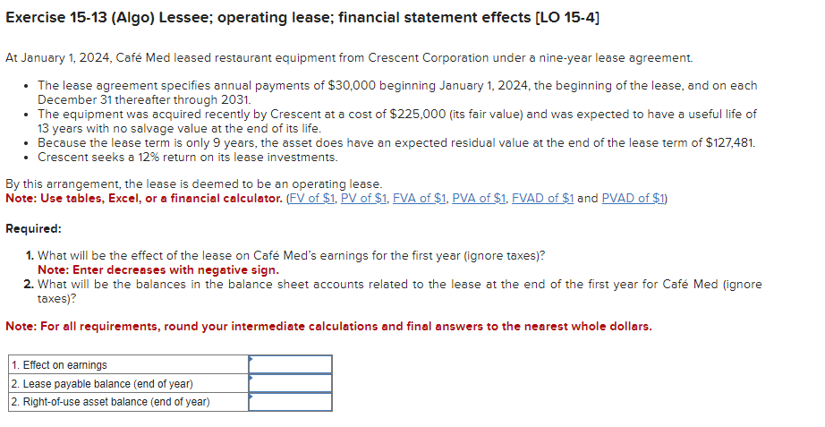 Solved Exercise 15-13 (Algo) Lessee; operating lease; | Chegg.com