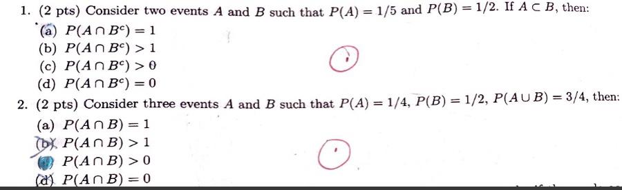 Solved 1. (2 pts) Consider two events A and B such that | Chegg.com