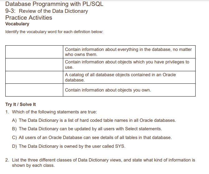 Solved Database Programming with PL/SQL 9-3: Review of the | Chegg.com