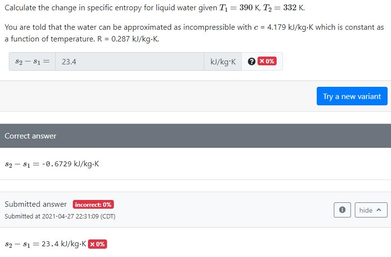 Solved Calculate the change in specific entropy for liquid | Chegg.com