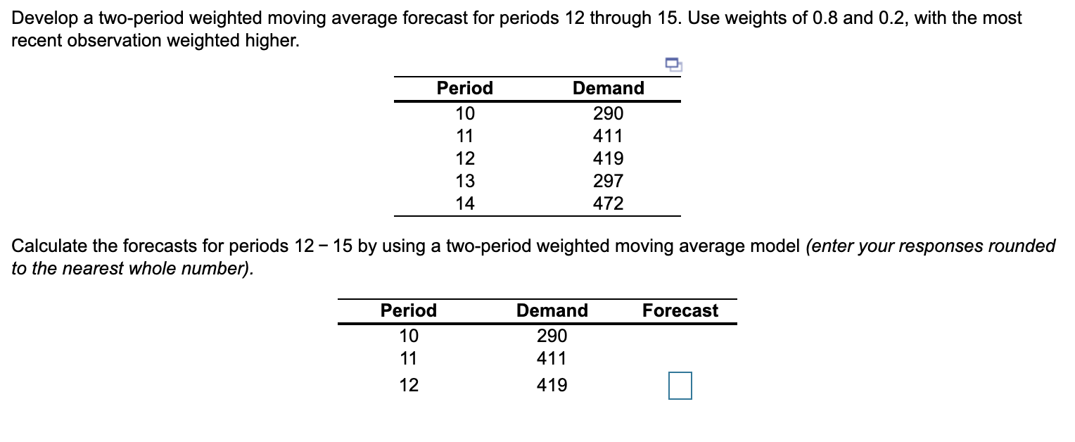 Solved Develop a two-period weighted moving average forecast | Chegg.com