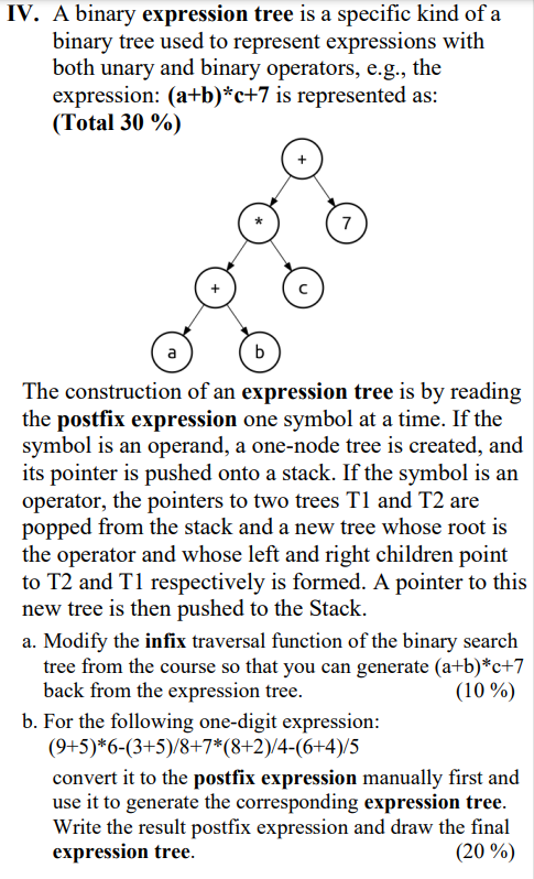 Solved IV. A binary expression tree is a specific kind of a | Chegg.com