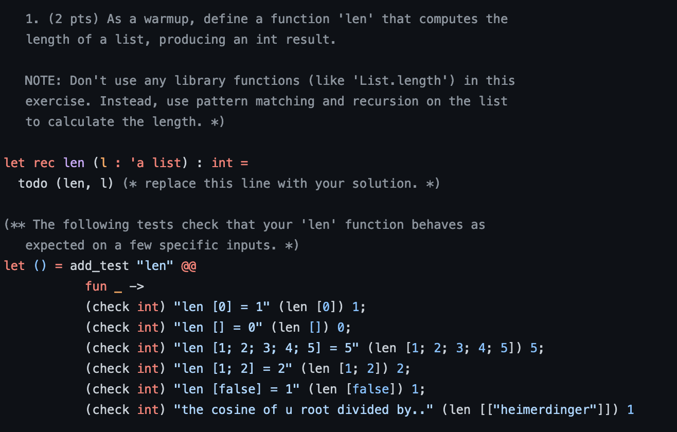 Solved 1. ( 2 pts) As a warmup, define a function 'len' that | Chegg.com