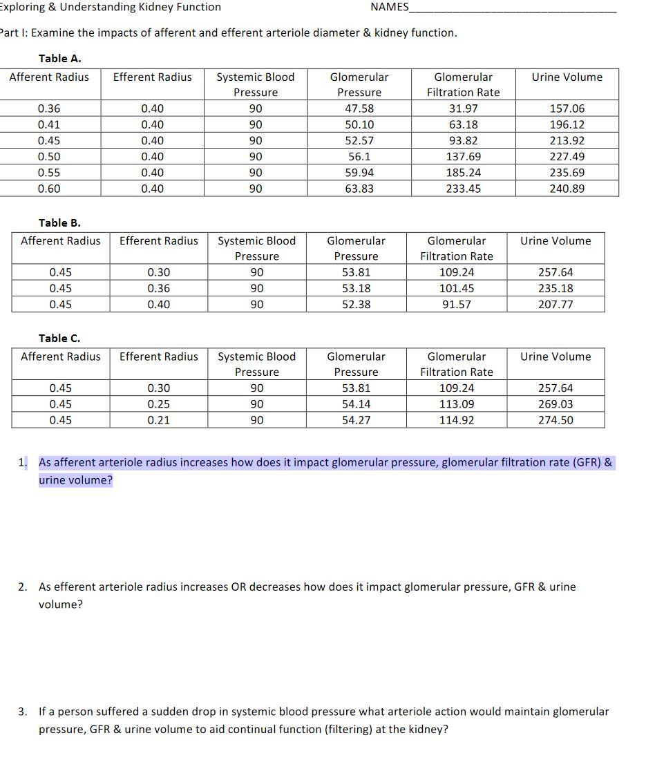 Solved Exploring & Understanding Kidney Function NAMES Part | Chegg.com
