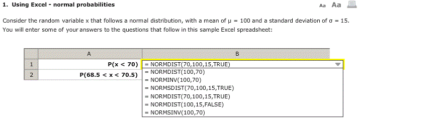 Solved 1. Using Excel - normal probabilities Aa Aa 100 and a | Chegg.com