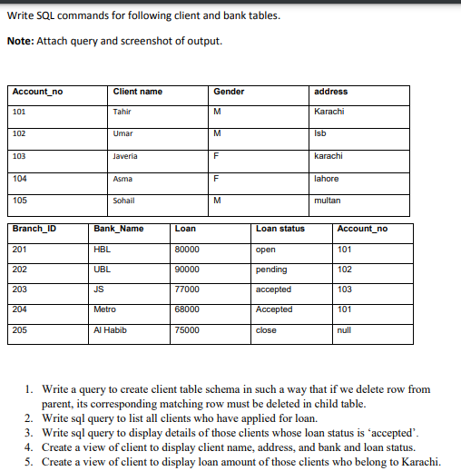Solved Write SQL commands for following client and bank | Chegg.com