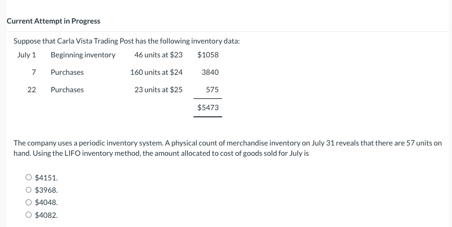 Solved 7.Current Attempt in ProgressSuppose that Carla Vista | Chegg.com