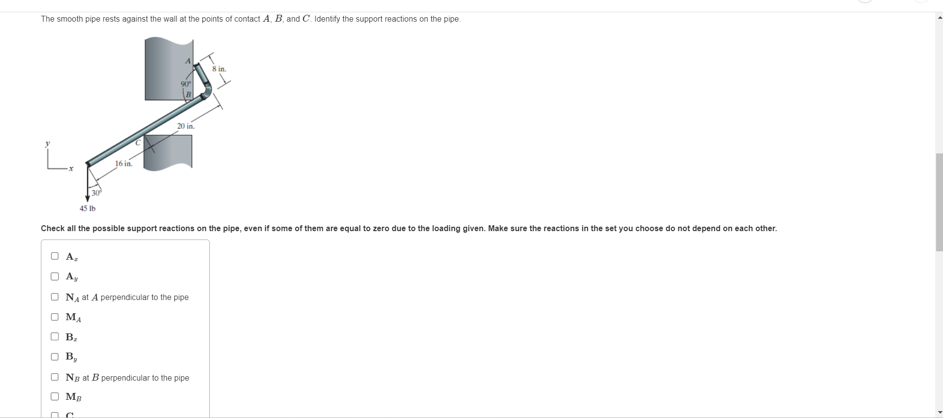 Solved The smooth pipe rests against the wall at the points | Chegg.com