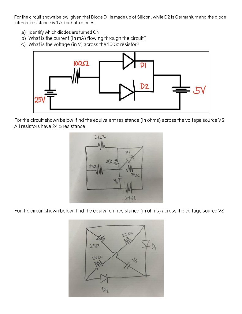 Solved For the circuit shown below, given that Diode D1 is | Chegg.com