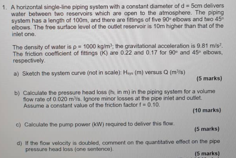 Solved 1. A horizontal single-line piping system with a | Chegg.com