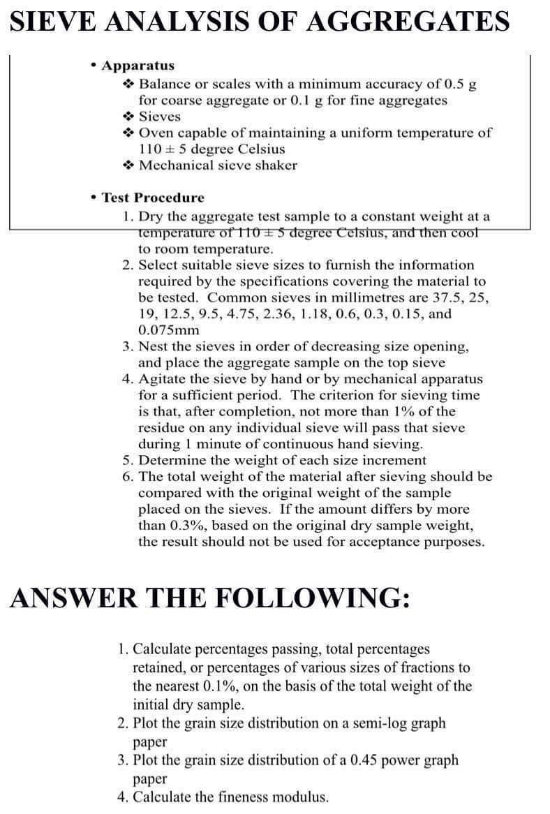 Solved SIEVE ANALYSIS OF AGGREGATES • Apparatus • Balance or | Chegg.com