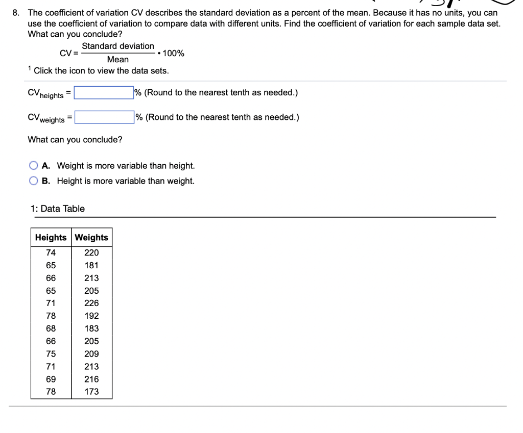 Solved The coefficient of variation CV describes the | Chegg.com
