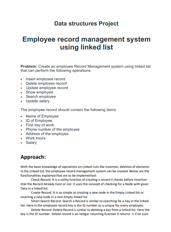 Data structures Project Employee record management | Chegg.com