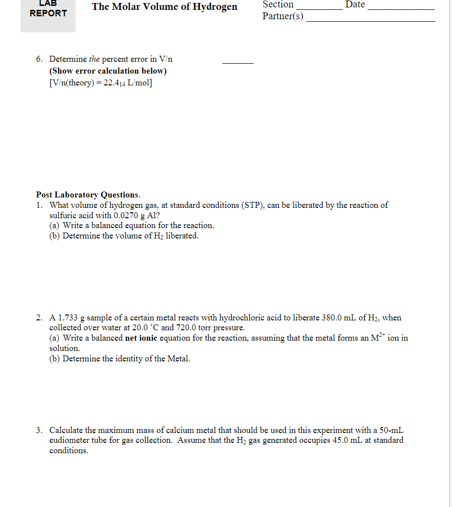 Solved THE MOLAR VOLUME OF HYDROGEN The Reaction of | Chegg.com