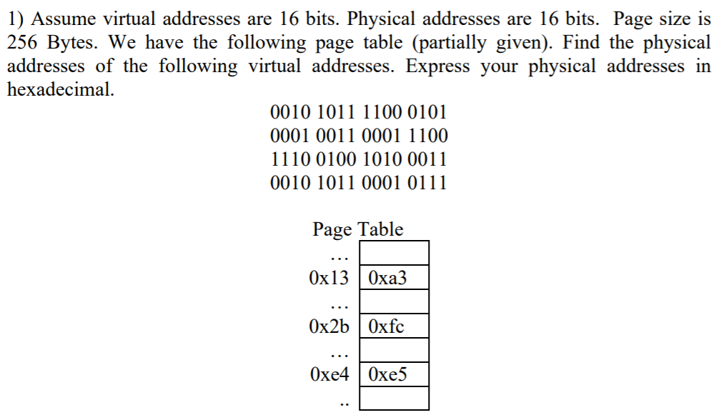 Solved 1) Assume virtual addresses are 16 bits. Physical | Chegg.com