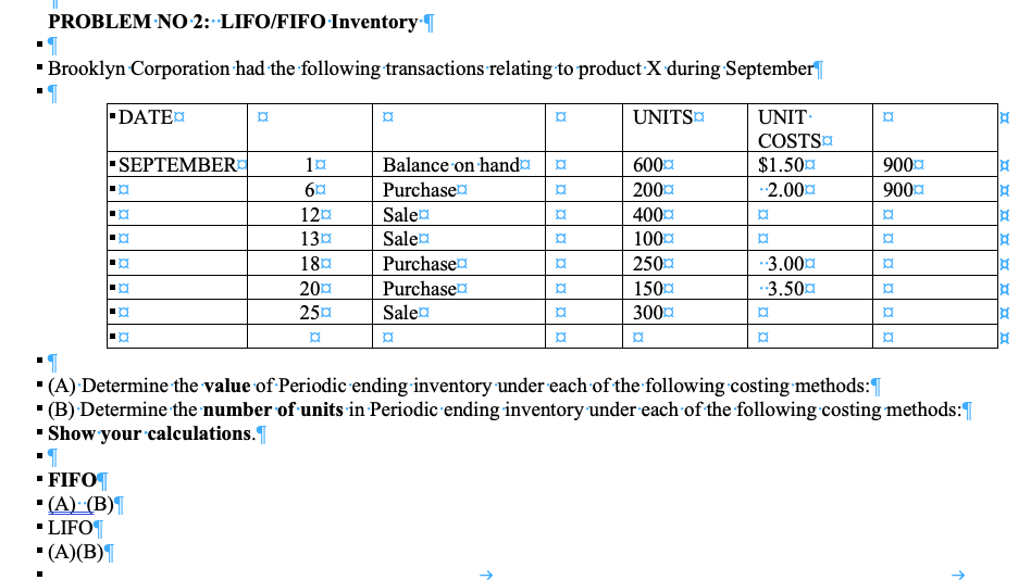 Solved PROBLEM NO 2: LIFO/FIFO Inventory 1 Brooklyn | Chegg.com