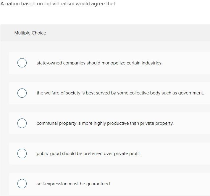Solved A nation based on individualism would agree that | Chegg.com
