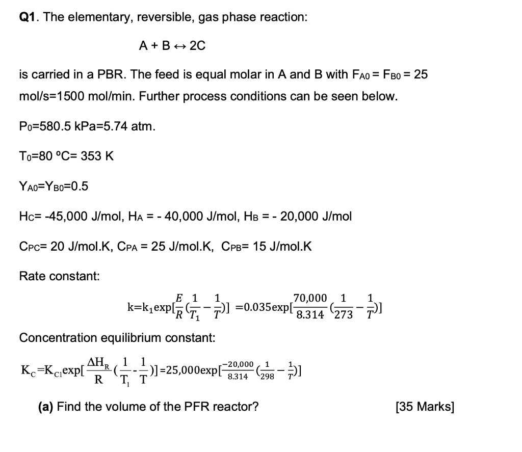 Solved Q1. The elementary, reversible, gas phase reaction: A | Chegg.com