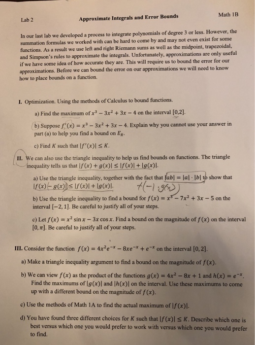 Solved Math 1B Lab 2 Approximate Integrals and Error Bounds | Chegg.com