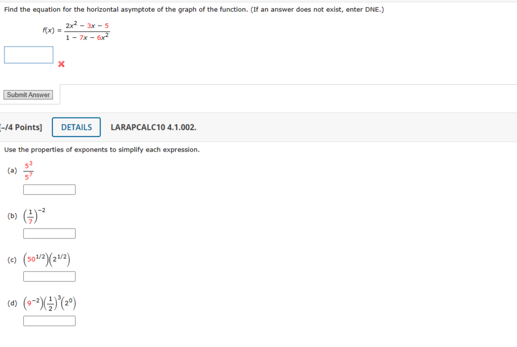 Solved f(x)=1−7x−6x22x2−3x−5 -14 Points] LARAPCALC10 | Chegg.com
