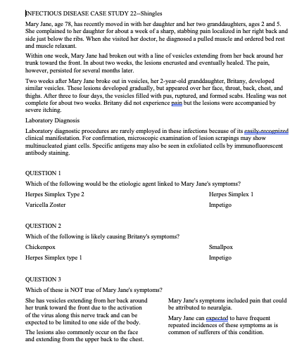Solved INFECTIOUS DISEASE CASE STUDY 22-Shingles Mary Jane, | Chegg.com