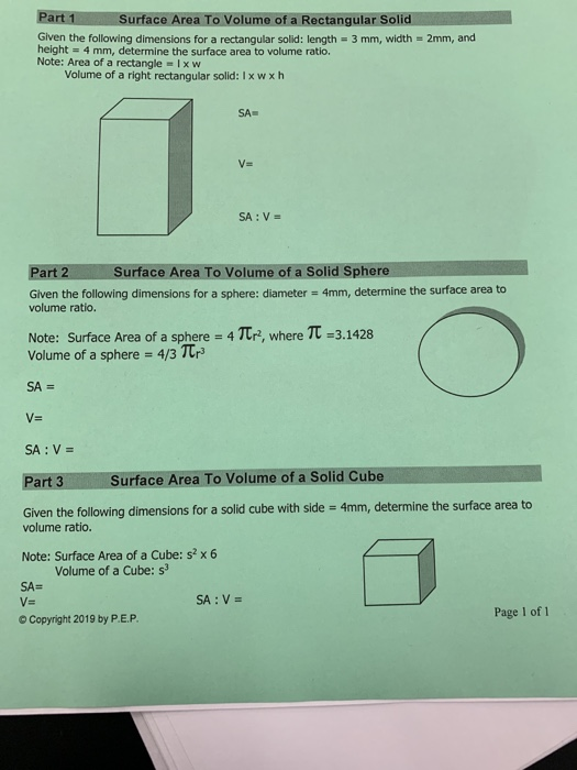 Solved Part 1 Surface Area To Volume of a Rectangular Solid | Chegg.com
