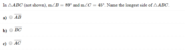 Solved In AABC (not shown), mZB = 89º and mZC = 45°. Name | Chegg.com