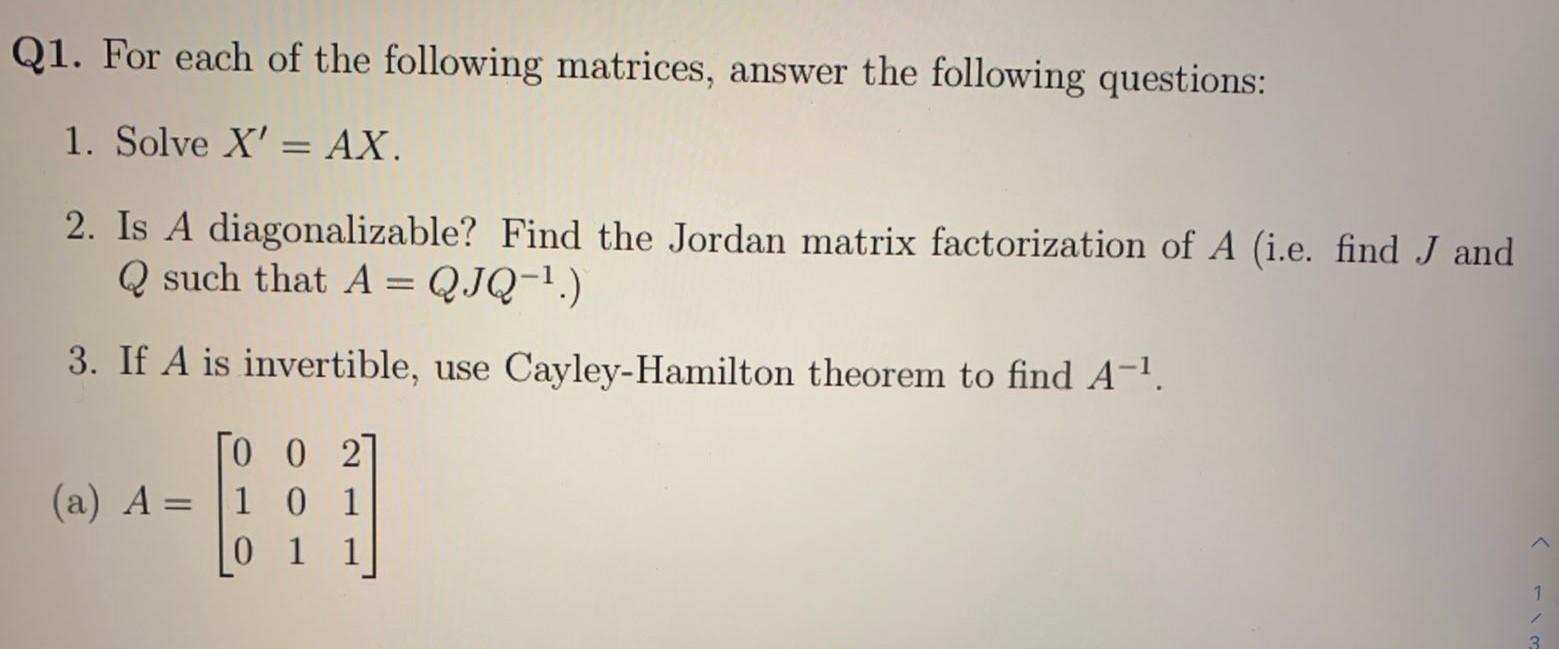 Solved Q1. For each of the following matrices, answer the | Chegg.com
