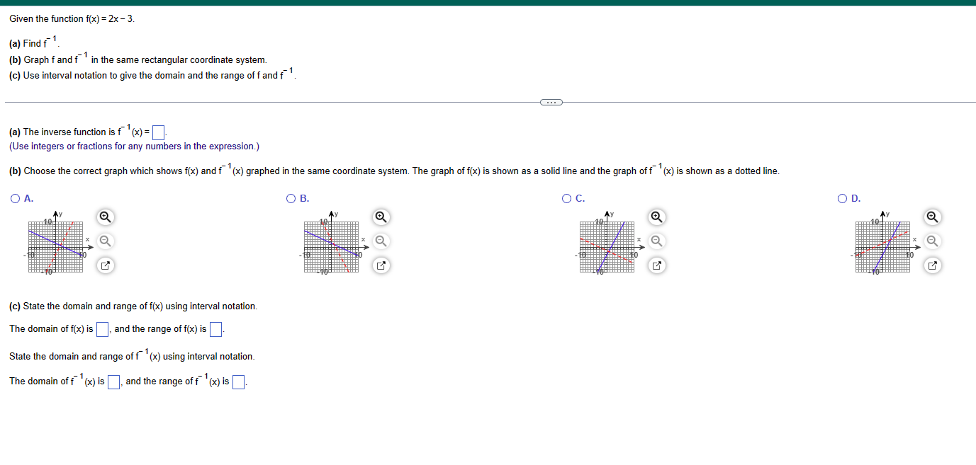 Solved Given the function f(x)=2x−3. (a) Find f−1. (b) Graph | Chegg.com