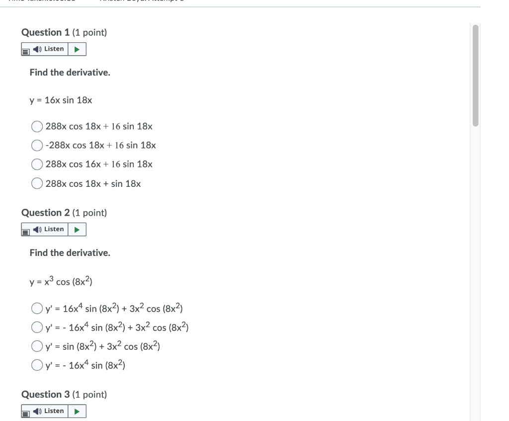 Solved Question 1 (1 point) B) Listen Find the derivative. y | Chegg.com