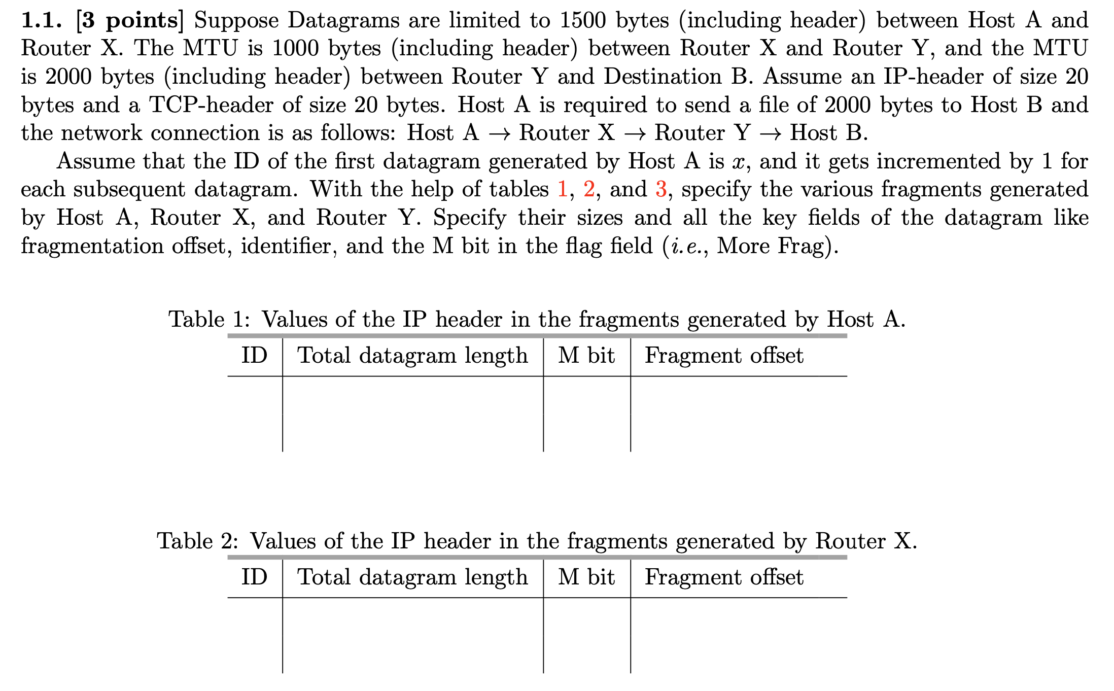 Solved 1.1. [3 points] Suppose Datagrams are limited to 1500 | Chegg.com