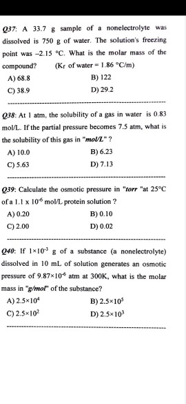 Solved Q37A 33.7 g sample of a nonelectrolyte was dissolved | Chegg.com
