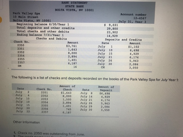 Solved BANK STATEMENT STATE BANK BOLTA VISTA NV 10001 Park | Chegg.com