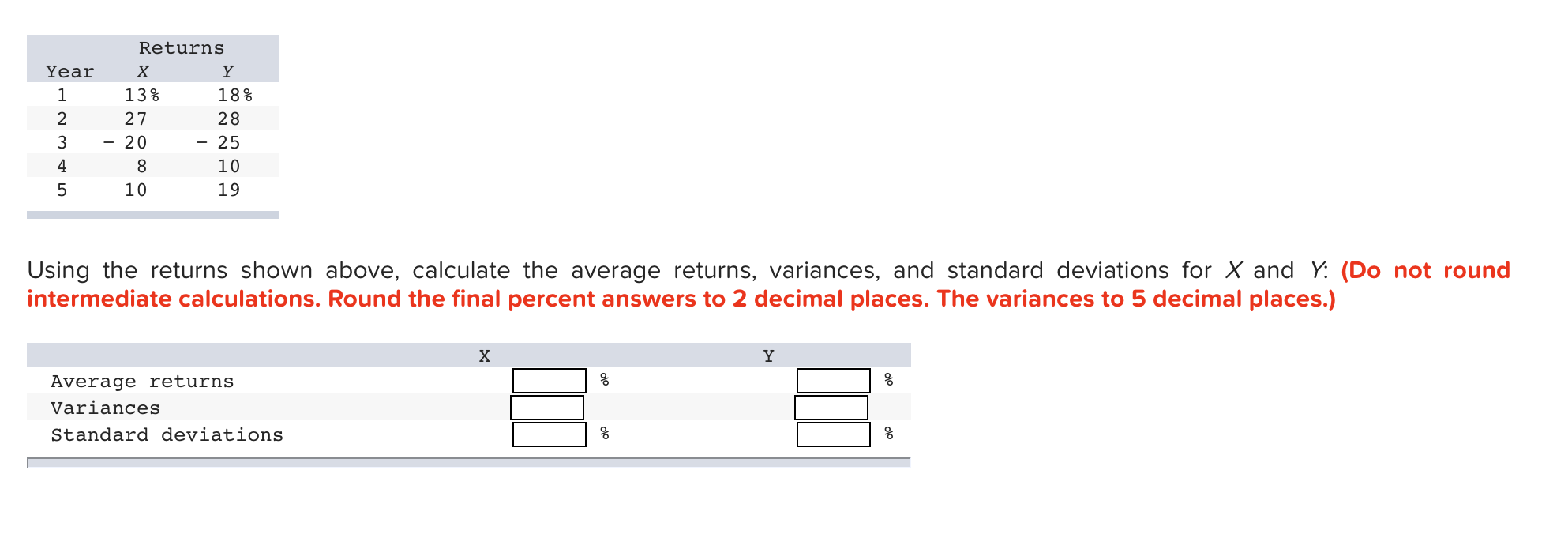 Solved Returns Year X Y 1 13% 18% 2 27 28 3 - 20 - 25 4 8 10 | Chegg.com