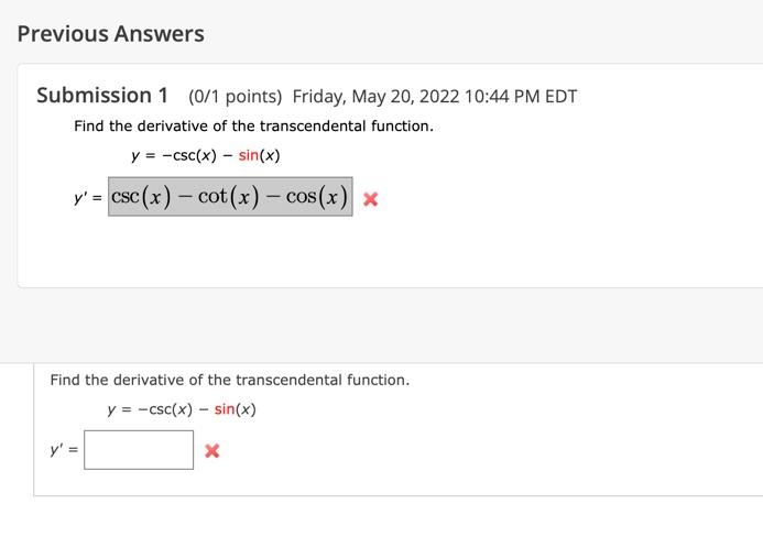 Solved Previous Answers Submission 1 (0/1 points) Friday, | Chegg.com