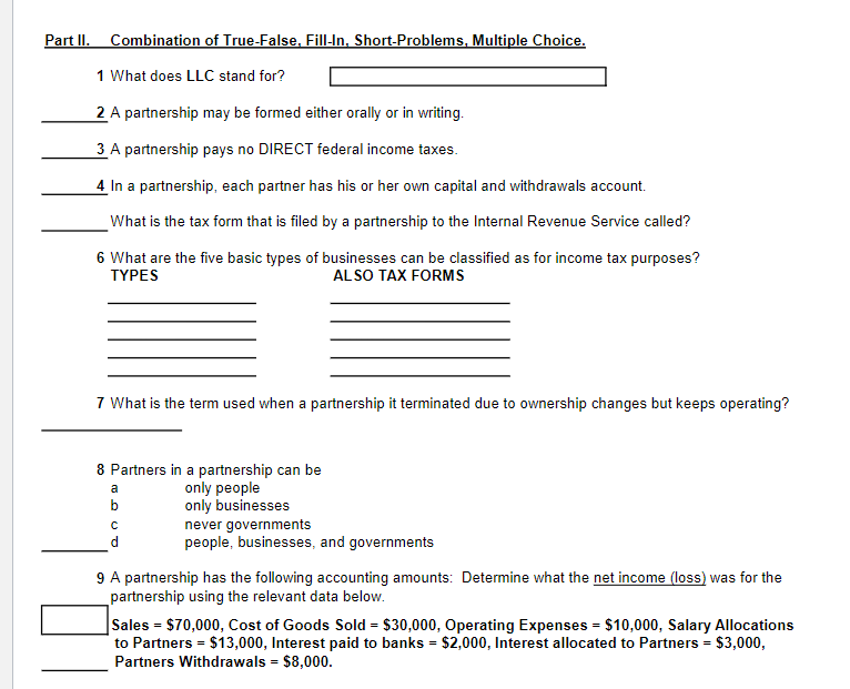 Solved Part II. Combination of True-False, Fill-In, | Chegg.com