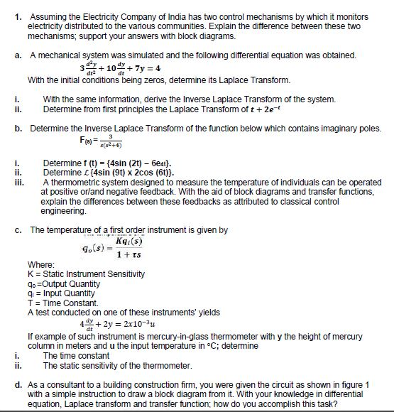Solved 1. Assuming the Electricity Company of India has two | Chegg.com