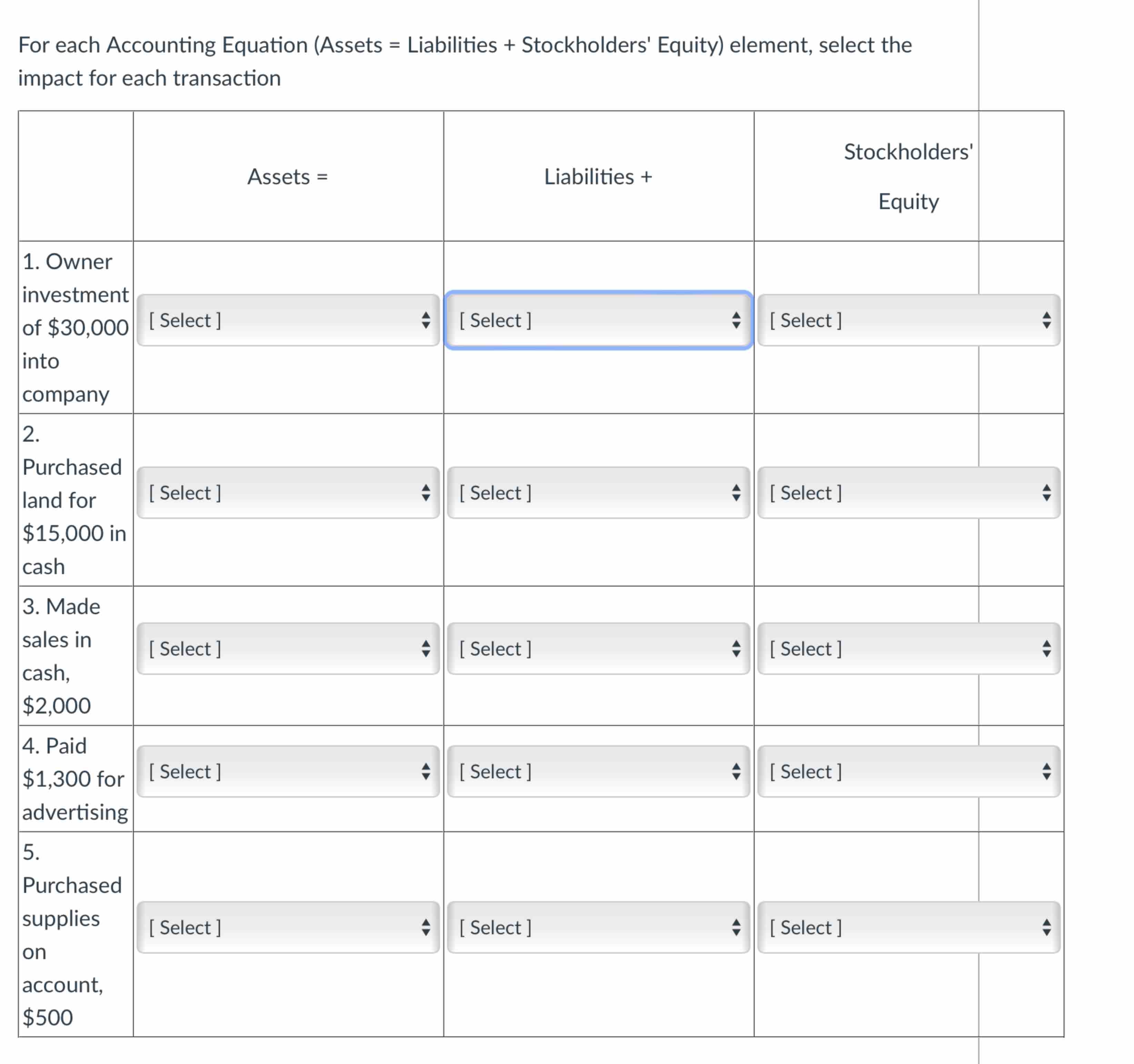 Solved For each Accounting Equation (Assets = ﻿Liabilities + | Chegg.com