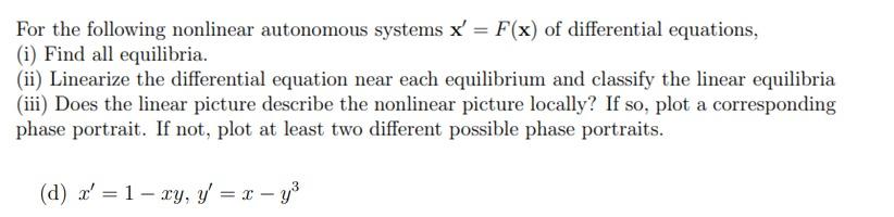 Solved For the following nonlinear autonomous systems x' = | Chegg.com