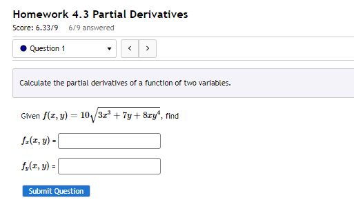 Solved Homework 4.3 Partial Derivatives Soore: 6.33/9 6/9 | Chegg.com
