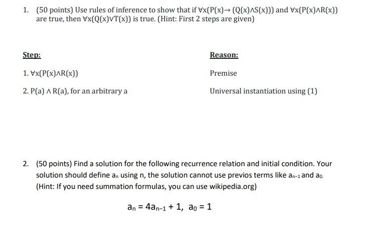 Solved 1. (50 points) Use rules of inference to show that if | Chegg.com
