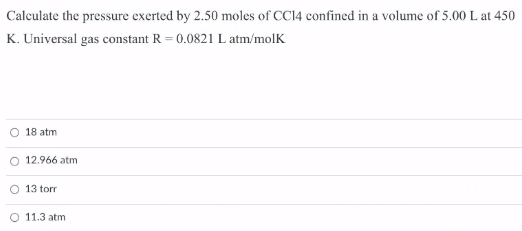 Solved Calculate the pressure exerted by 2.50 moles of CC14 | Chegg.com