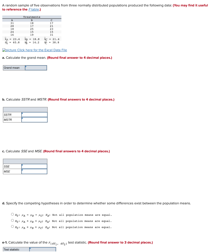 Solved A random sample of five observations from three | Chegg.com
