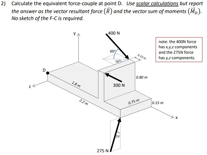 Solved 2) Calculate the equivalent force-couple at point D. | Chegg.com