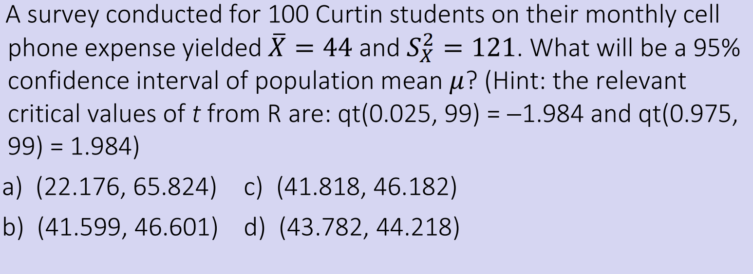 Solved A survey conducted for 100 ﻿Curtin students on ﻿their | Chegg.com