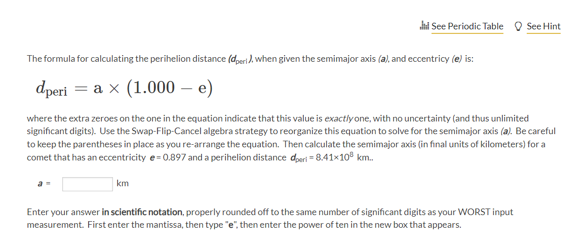 Solved The formula for calculating the perihelion distance | Chegg.com